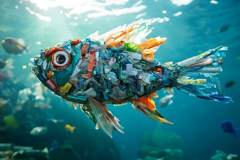 Global Ocean Pollution, Fish in Plastic Garbage Stock Illustration ...