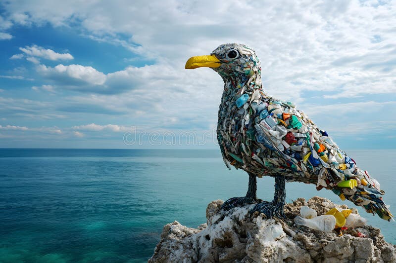 Global Ocean Pollution, Gull Bird in Plastic Garbage Stock Illustration ...