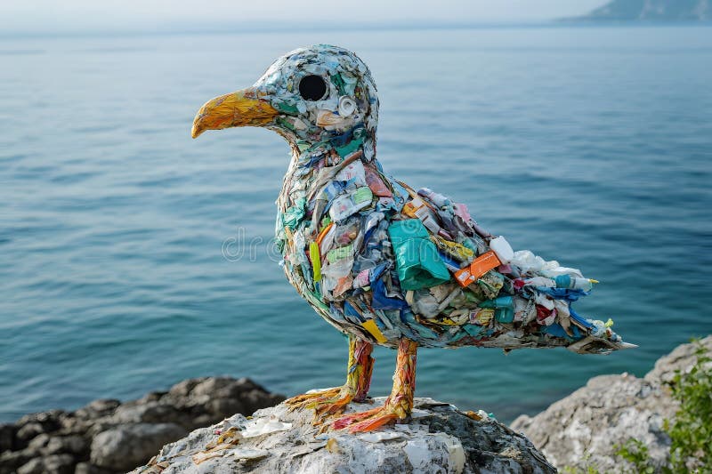 Global Ocean Pollution, Gull Bird in Plastic Garbage Stock Illustration ...