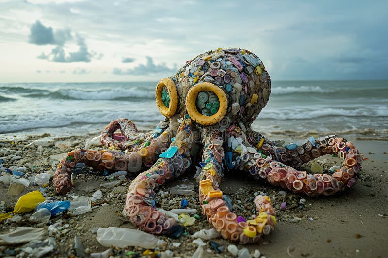 Global Ocean Pollution, Octopus in Plastic Garbage Stock Illustration ...