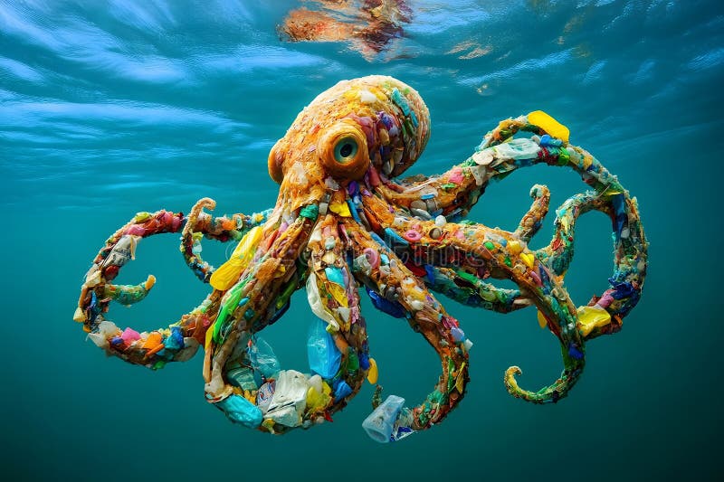 Global Ocean Pollution, Octopus in Plastic Garbage Stock Illustration ...