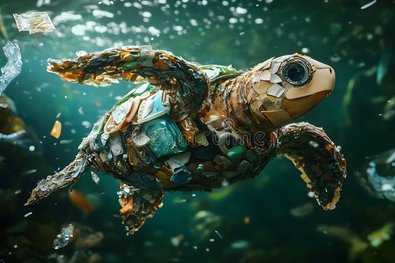 Global Ocean Pollution, Turtle in Plastic Garbage Stock Illustration ...