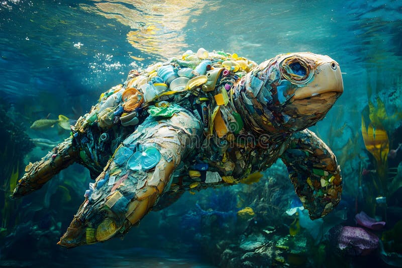 Global Ocean Pollution, Turtle in Plastic Garbage Stock Illustration ...