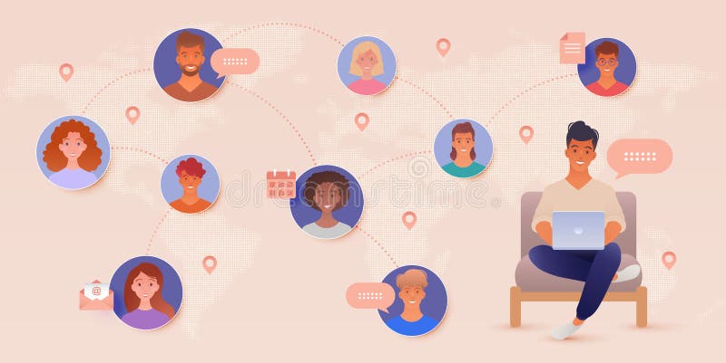 Global Online Communication Illustration. Using Laptop Computer ...