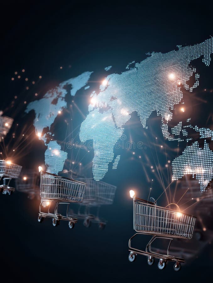 Global Online Shopping Network Represented through a Glowing World Map ...