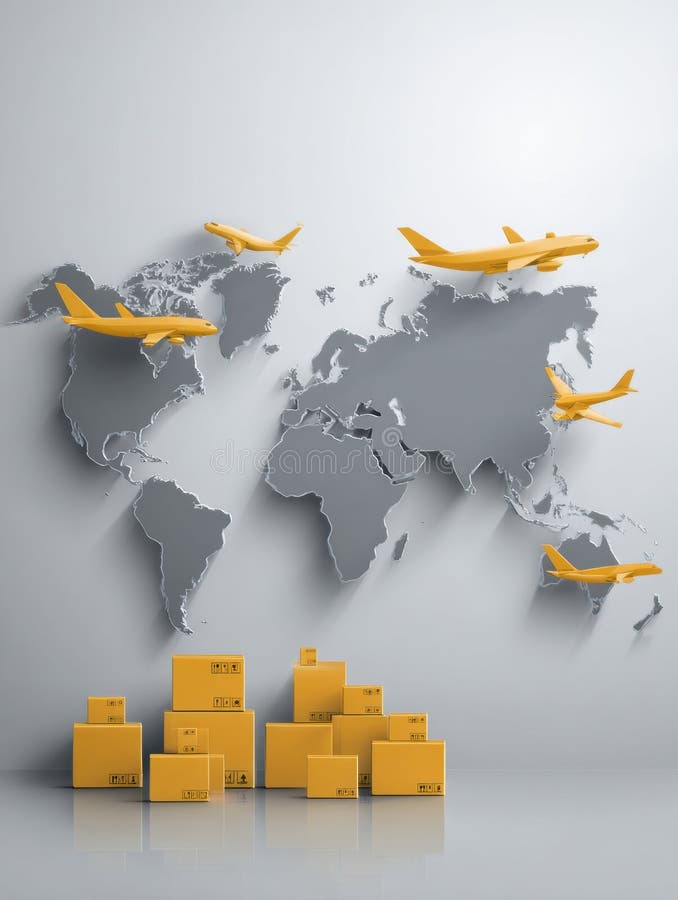 Global Package Delivery with Planes Flying Over a World Map and Stacked ...