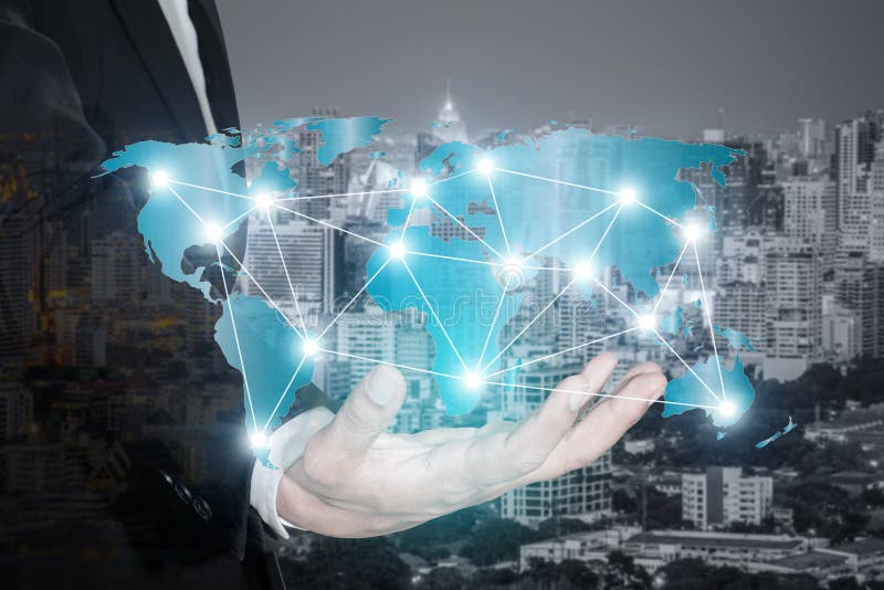 Global Partnership Network Connection Map on Hand of Businessman Stock ...