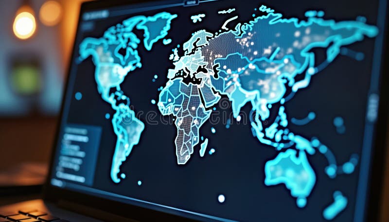 Global Power Grid Risk Analysis Displayed on Laptop Screen. World Map ...