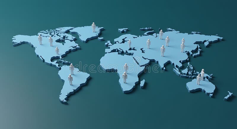 Global Presence: Stylized World Map with Human Figures in Teal Tones ...