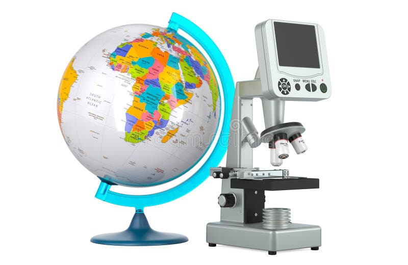 Global Research and Discovery, Concept. Microscope with World Globe ...