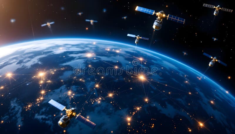 Global Satellite Network Orbiting Earth at Night Stock Illustration ...