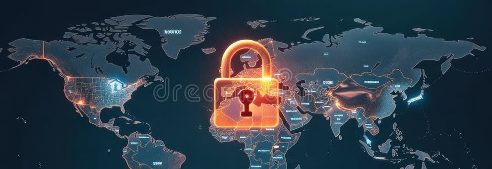 Global Security Protecting World Map with Futuristic Digital Lock Stock ...