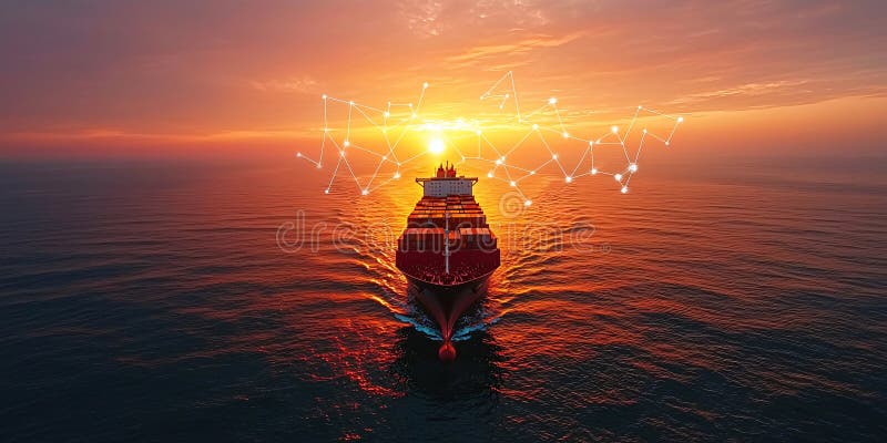 Global Shipping Cargo Ship at Sunset Connected Network Logistics ...