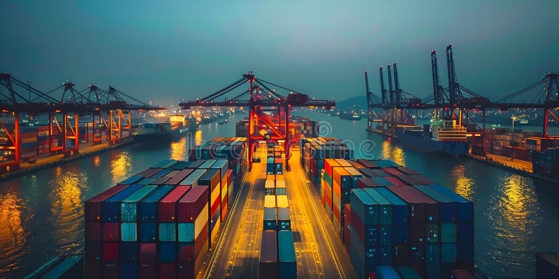 Global Shipping Containers at Busy Dock with Cranes and Cargo Logistics ...