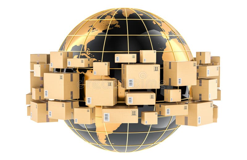 Global Shipping, Delivery Concept. Earth Globe with Parcels Around ...