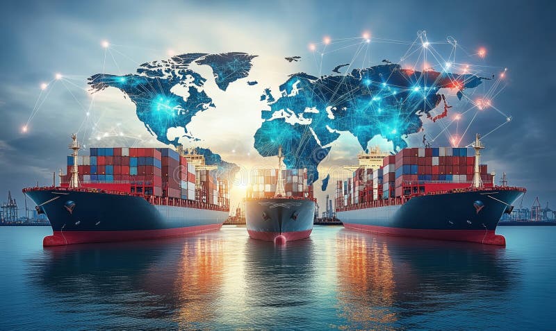 Global Shipping Logistics Network Cargo Ships World Map Background ...