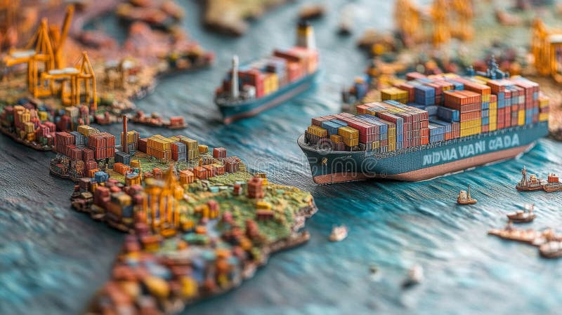Global Shipping Miniature Model on World Map Stock Illustration ...