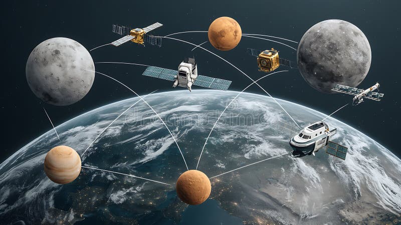 Global Spacecraft Network Orbiting Earth Planets Communication Stock ...