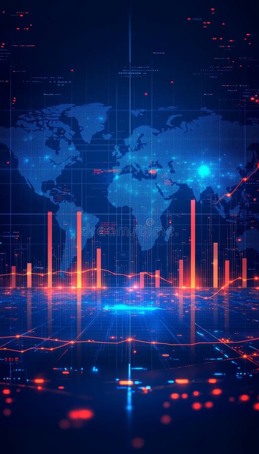 Global Stock Market Data Visualization, Blue World Map with Candlestick ...