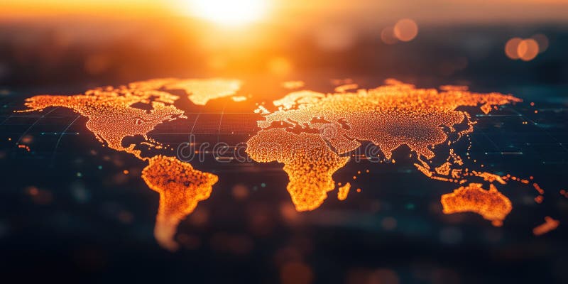 Global Sunset with Overlay Map Stock Photo - Image of view ...