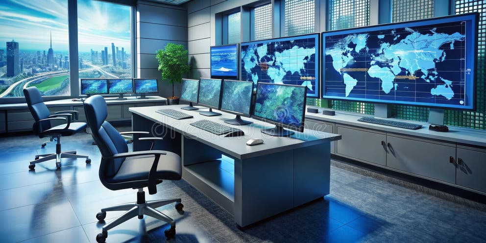 Global Surveillance Control Room High-Tech Cityscape View, Multiple ...