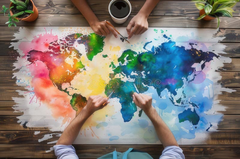 Global Team Collaborating on a Project with Watercolor World Map ...