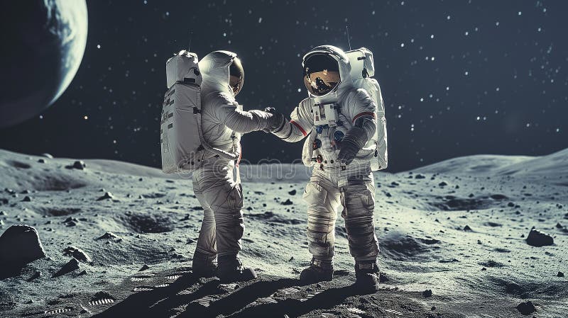Global Teamwork: Astronauts Express Unity with Lunar Handshake Stock ...
