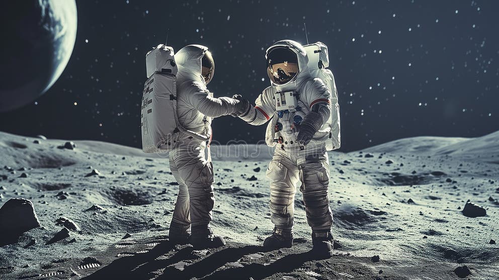 Global Teamwork: Astronauts Express Unity with Lunar Handshake Stock ...