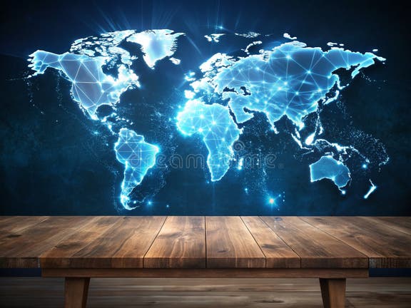 Global Tech Network Abstract World Map Double Exposure on Dark Blue ...