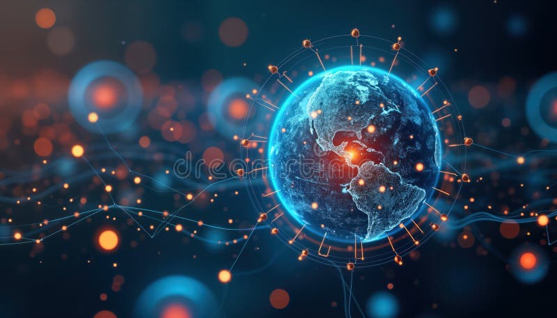Global Tech Network Interconnected Earth. Digital Globe with Glowing Lines, Particles ...