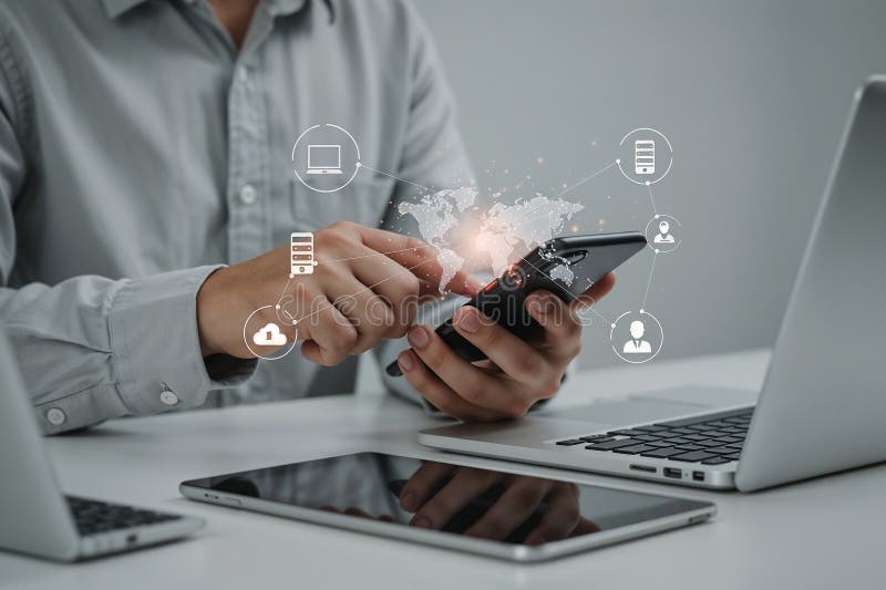 Global Tech Work - Person Using Phone, Laptop, Tablet & Cloud Data ...