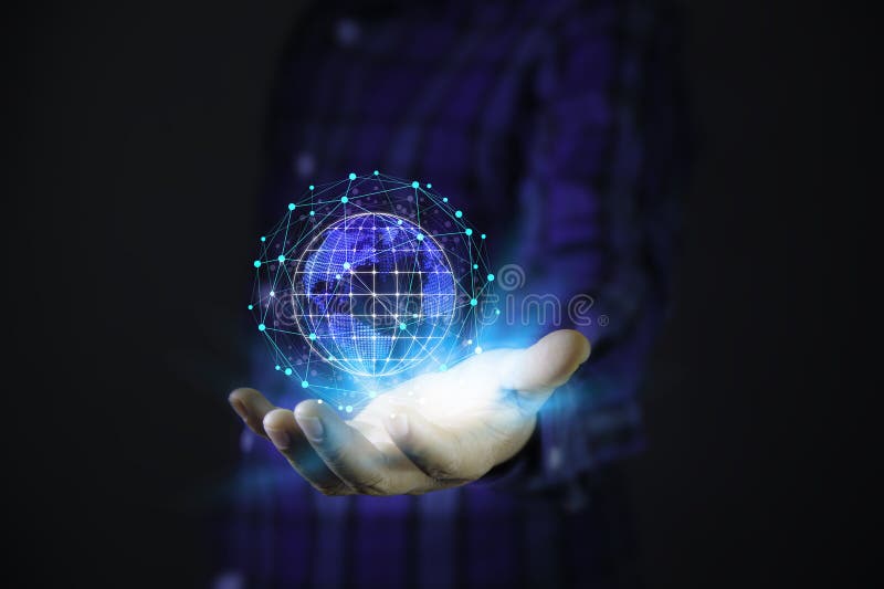 Global Technologies Connecting Concept. Businessman Hand Holding ...