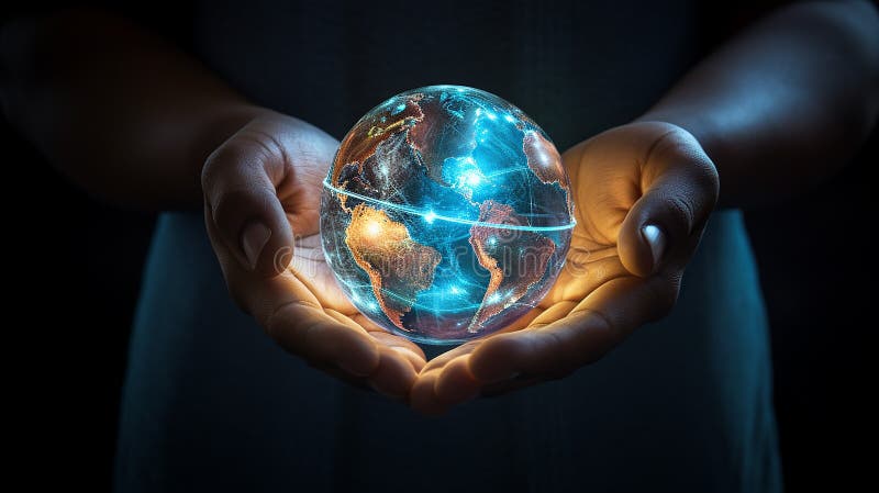Global Technology in Hand: Holding the Planet Earth Sphere. Generative ...