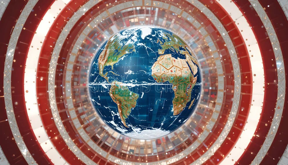 Global Technology Network Orbiting Earth Globe with Red and White Rings ...