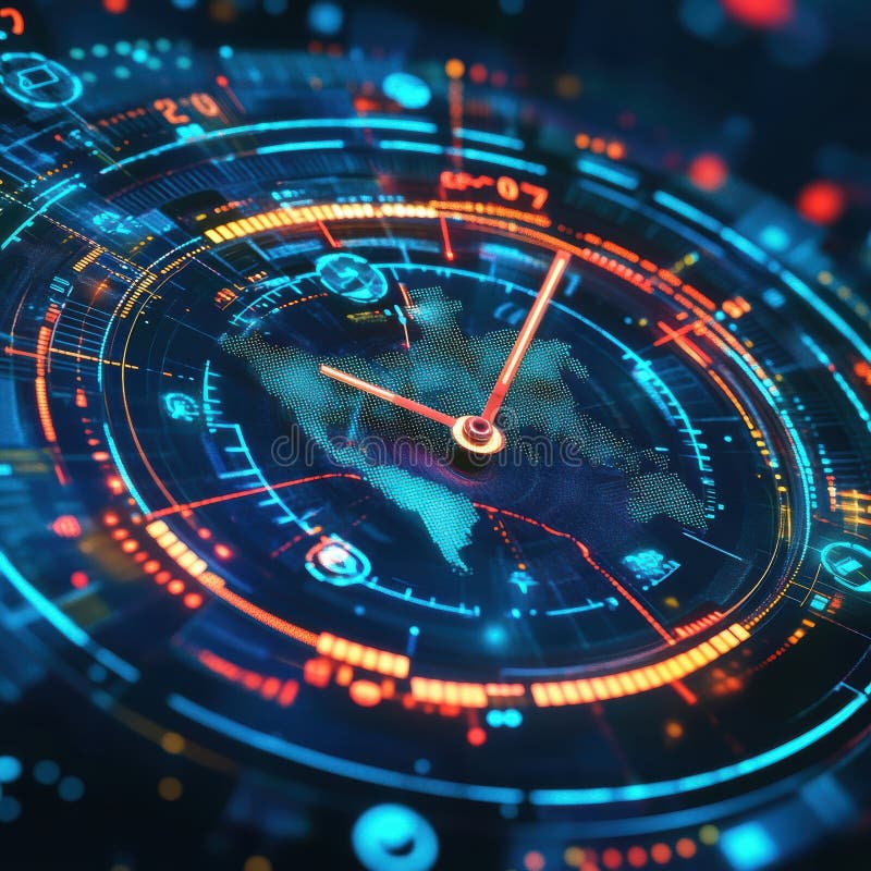 Global Timekeeper - Digital Clock and World Map Stock Illustration ...