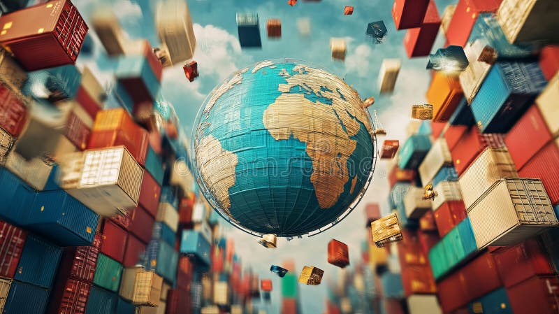 Global Trade Concept with Shipping Containers and Rotating Earth Globe ...