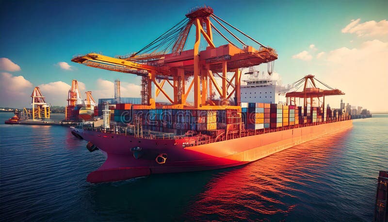 Global Trade: Container Ship at a Major Port with Stacked Cargo ...