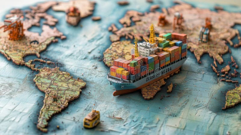 Global Trade Miniature Cargo Ship on a World Map Stock Illustration ...