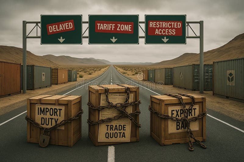 Global Trade Obstacles Symbolized by Blocked Cargo and Warning Signs ...