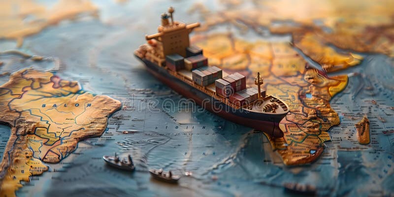 Global Trade Symbol Miniature Container Ship on Map Space for Text ...