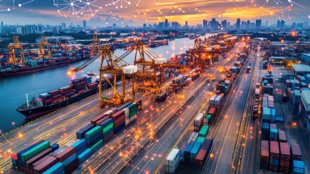 Global Trade and Transportation Network at Night Stock Illustration ...