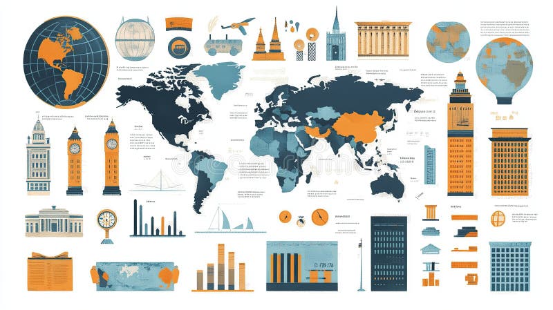 Global Travel Infographic Map, Landmarks, Charts Stock Illustration ...
