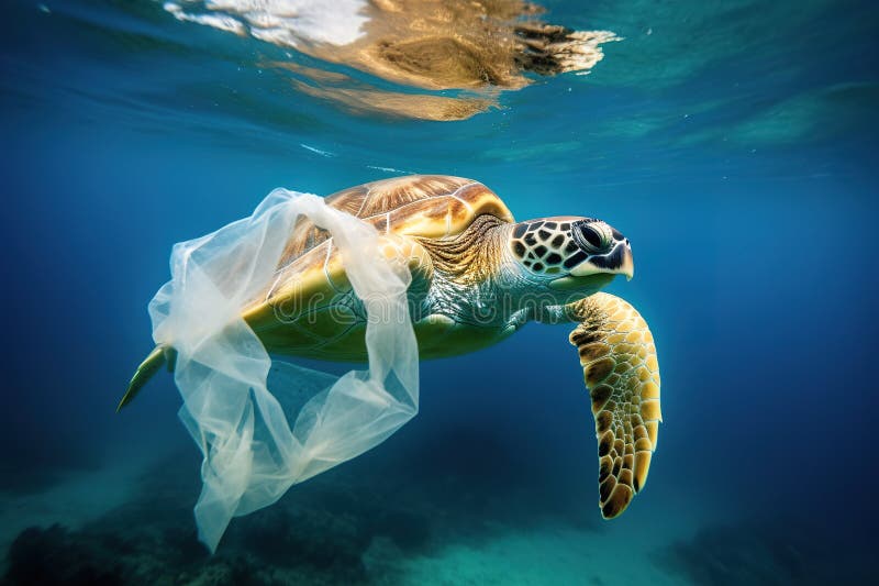 Global Underwater Problem with Plastic Waste, a Turtle Underwater with ...