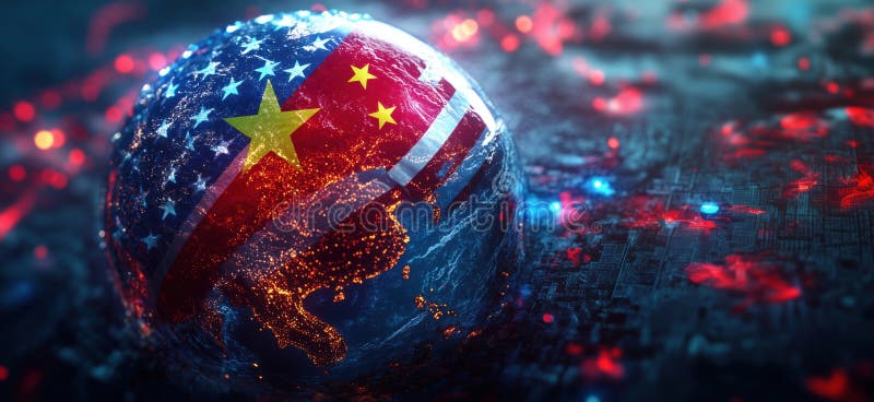 Global Unity and Conflict Represented by China and USA Flags on Earth ...