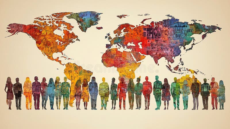Global Unity, Diverse People, World Map Stock Illustration ...