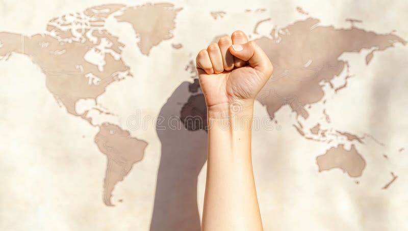 Global Unity Hand Fist Raised World Map Background High Quality Image ...
