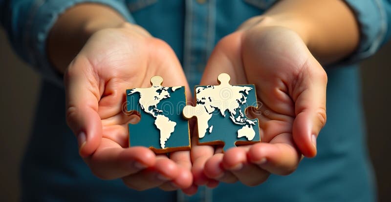 Global Unity: Hands Holding Interlocking Puzzle Pieces of the World Map ...
