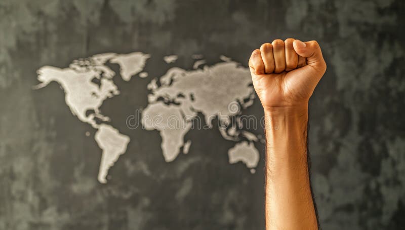 Global Unity: Raised Fist Against World Map High Quality Image Stock ...