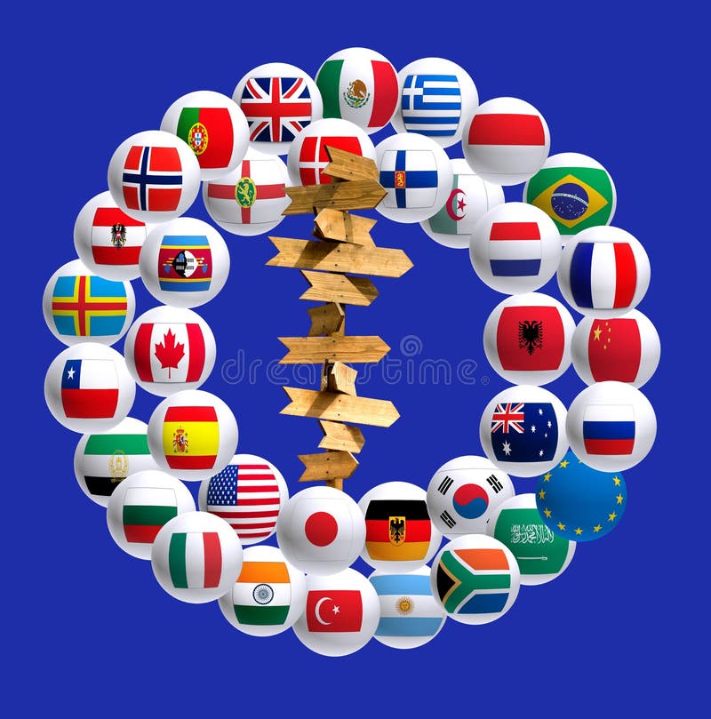 Global Unity Represented through Flags and Directional Signs in a ...