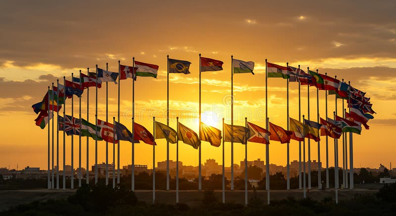 Global Unity at Sunset: a Panorama of Flags Representing International ...